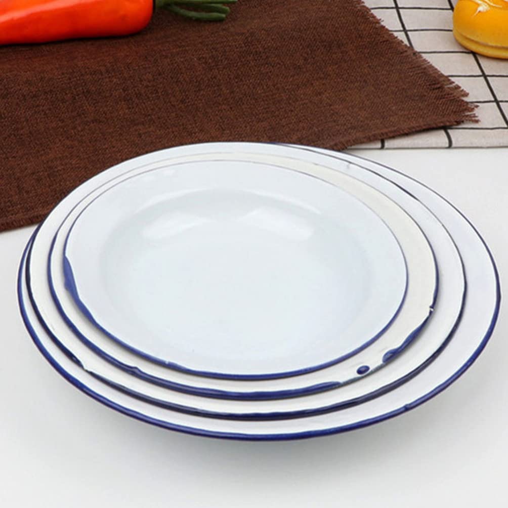 Ipetboom Enamel Plates 2pcs Enamelware Dinner Serving Platter Trays Retro White Round Shallow Bowls Vintage Enamel Basin Mixing Bowls with Blue Rim 18CM