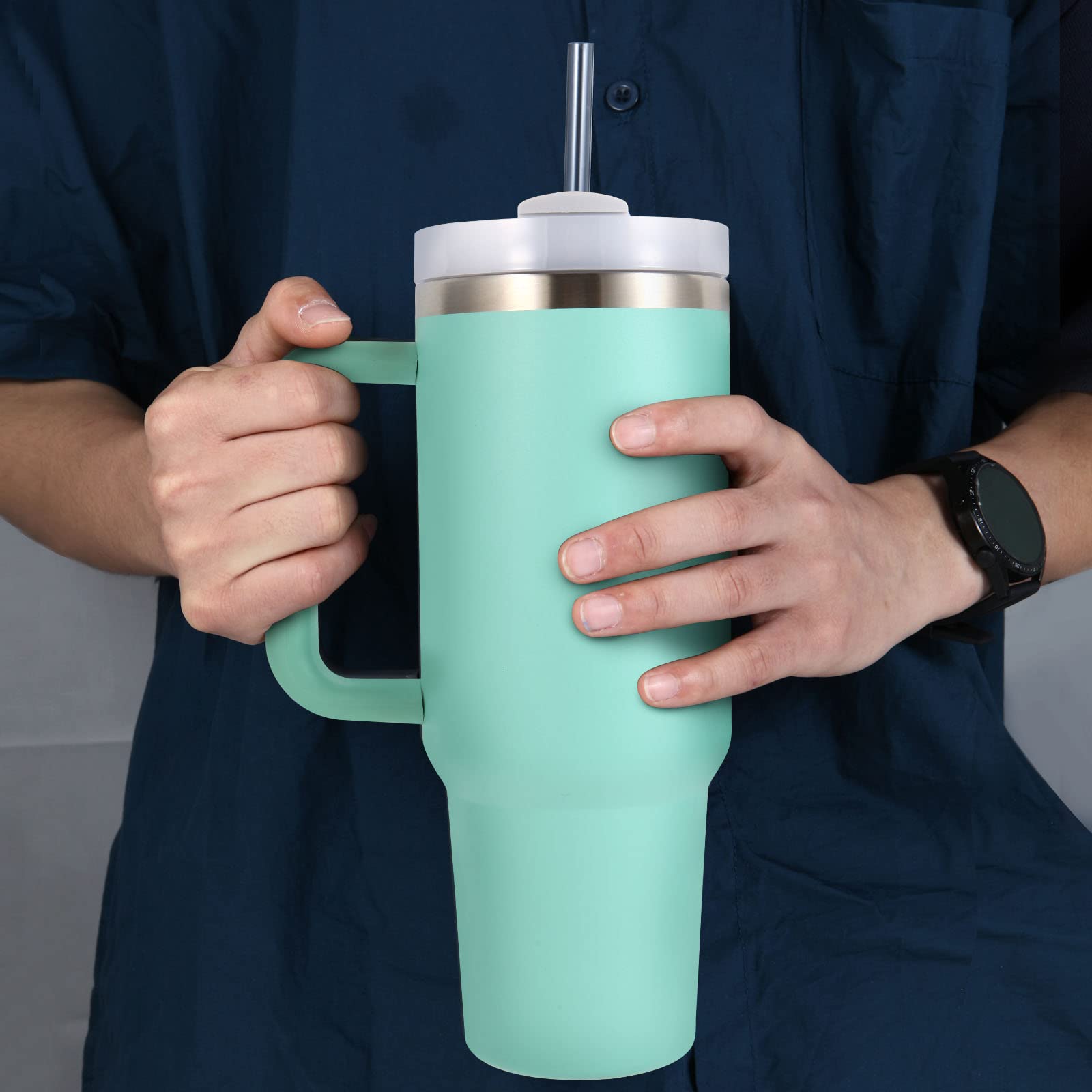 JOZELNK 40oz Tumbler with Handle, Insulated Big Mug wtih Straw and Lid, Stainless Steel Double Wall Vacuum Iced Coffee Cup (Eucalyptus)