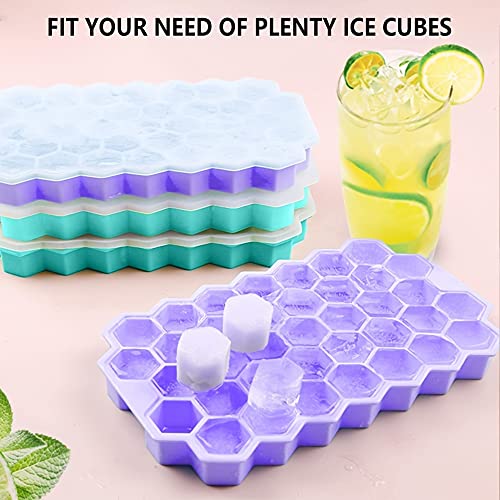 Ice Cube Tray for Freezer 2 Pack Silicone Ice Cube Molds with Lid 74 Cubes Ice Maker Countertop for Drinks Whiskey Cocktails Coffee Milk, Purple & Blue