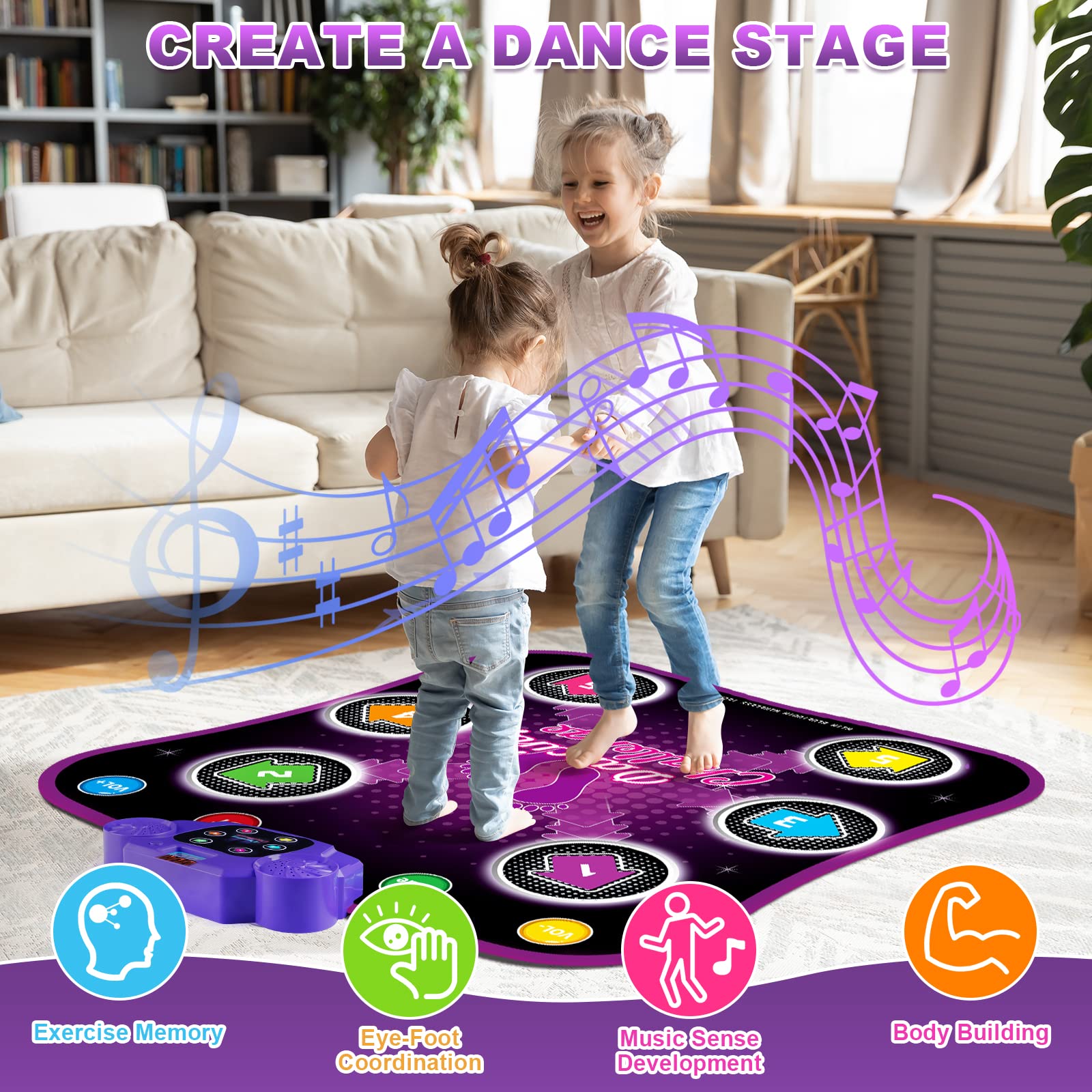 Jugana Kids Dance Mat Toys, Electronic Music Dance Pad with Light Up 6-Button & Wireless Bluetooth, Dance Game Toys for 3-12 Year Old Kids Girls Boys