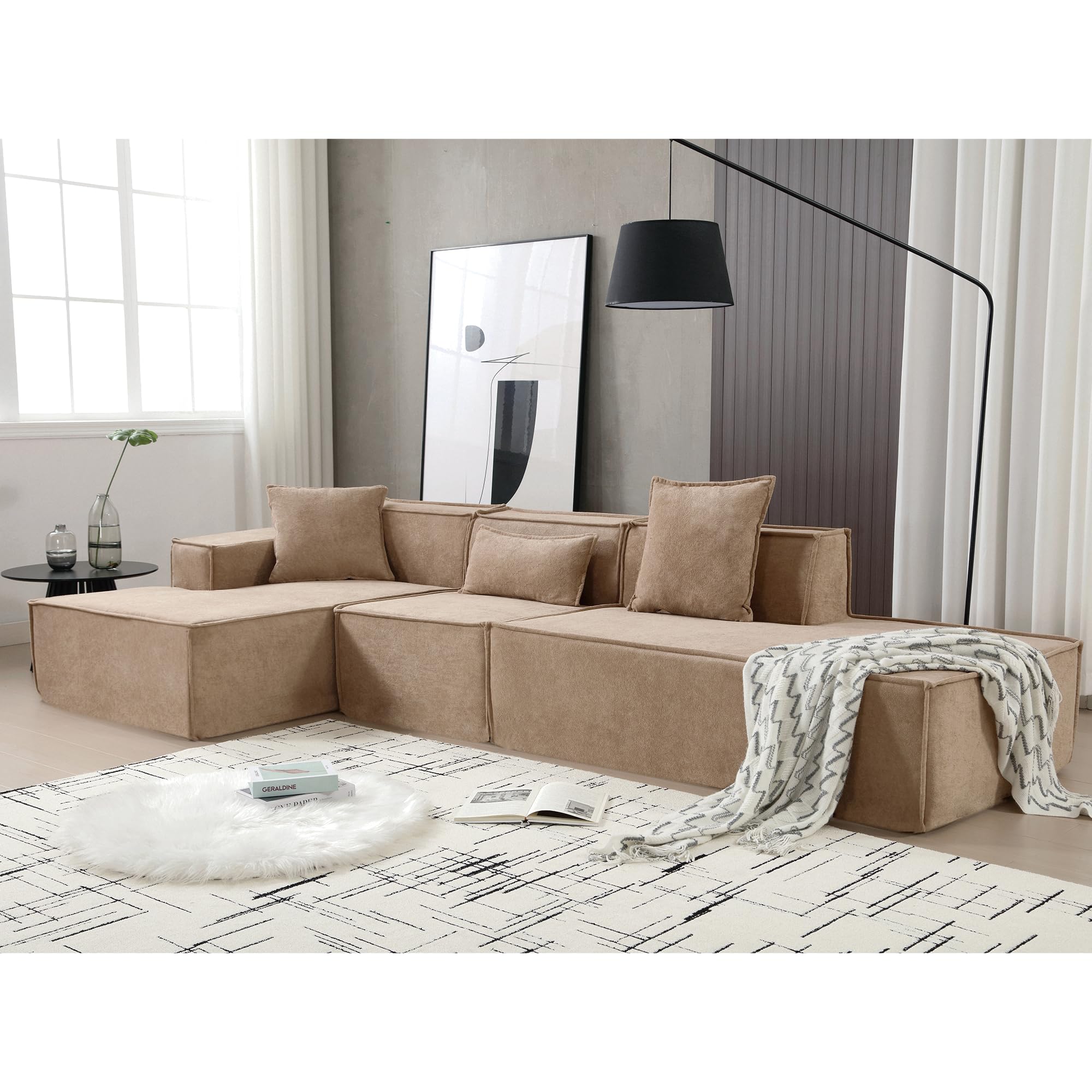OPULHAUS Modern Minimalist Upholstered Couch,130" Oversized Modular Floor L-Shaped Sofa Set,Modern Upholstered Combination Facing Sofa, 3 PC Free Combination (130" Left-Hand Facing, Light Brown)