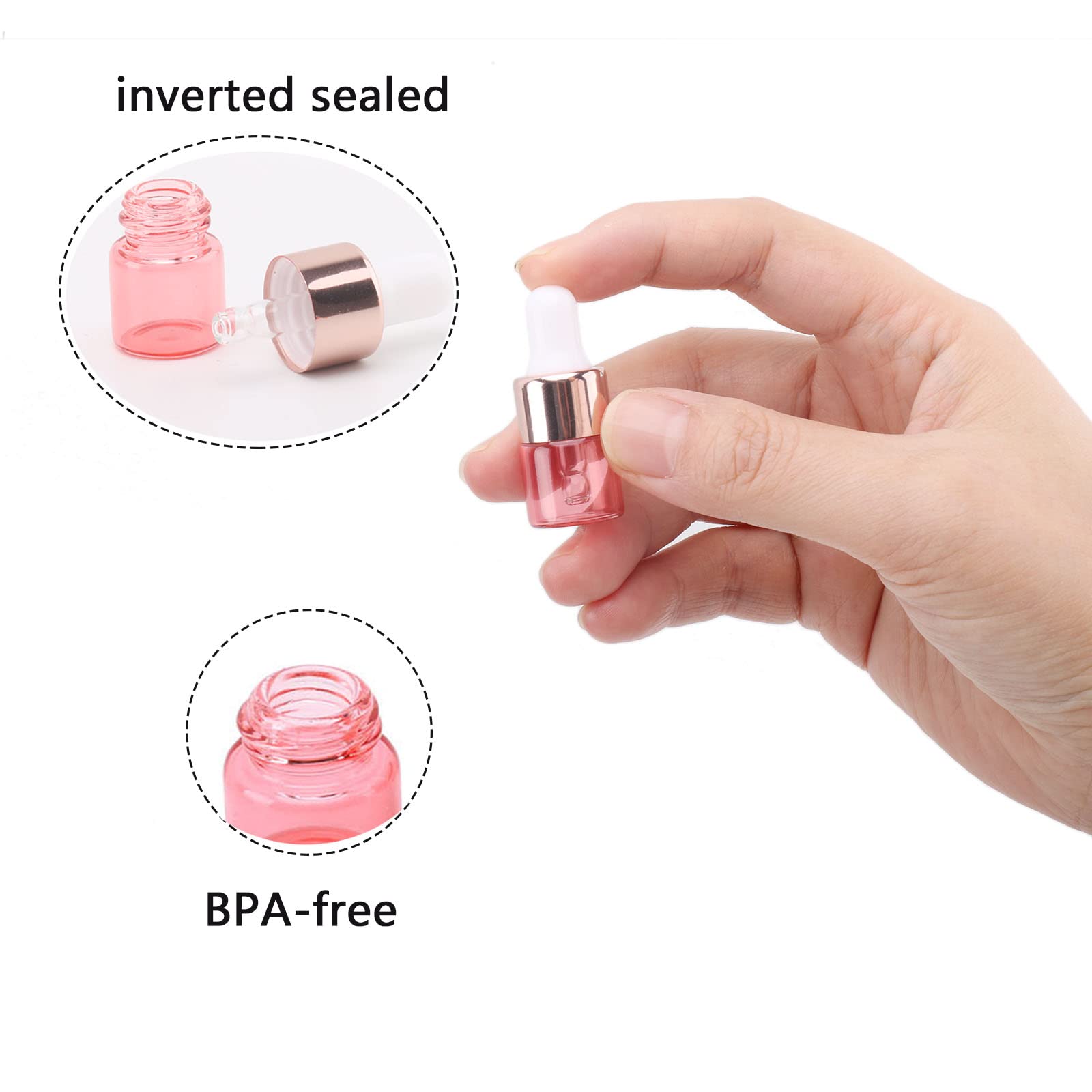 MANHOJIA 36pack,1ml pink glass dropper bottle with Eye Droppers Bottle With Rose-Gold for Essential Oils, Liquids - Leakproof Travel Bottles,empty sample perfume container