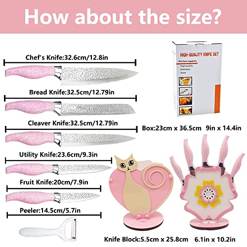 Kitchen Knives Set,7 Pcs Knife Block Set with Heart Acrylic Knives Holder Block,Non-stick Stainless Steel Cooking Knives Sets for Chef Cooking Cutting (Pink02)