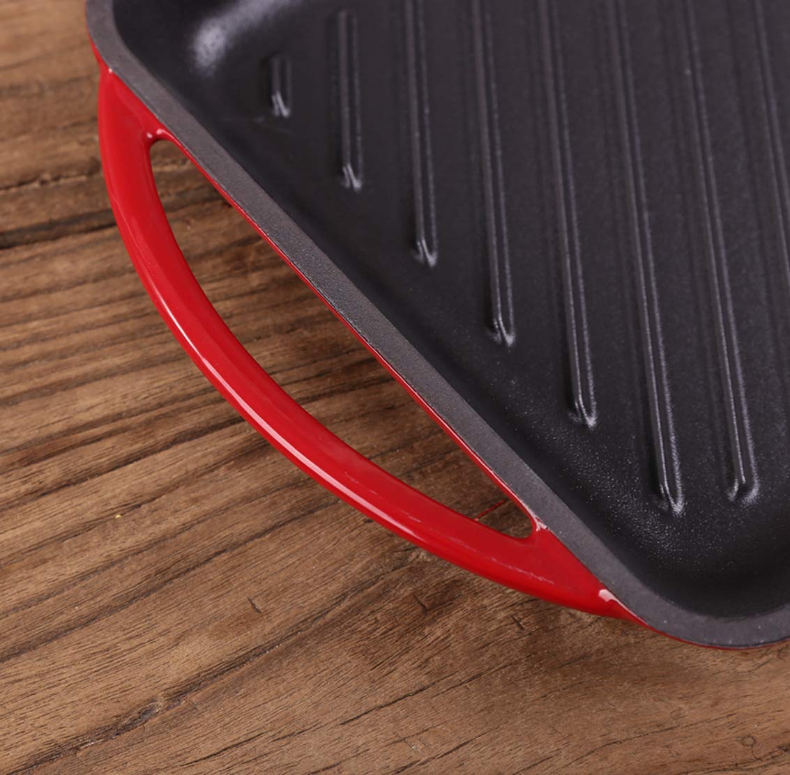 LI-GELISI Enameled Pre-Seasoned Cast Iron Double Handle Rectangle Grill Pan 15.8 inch, Red