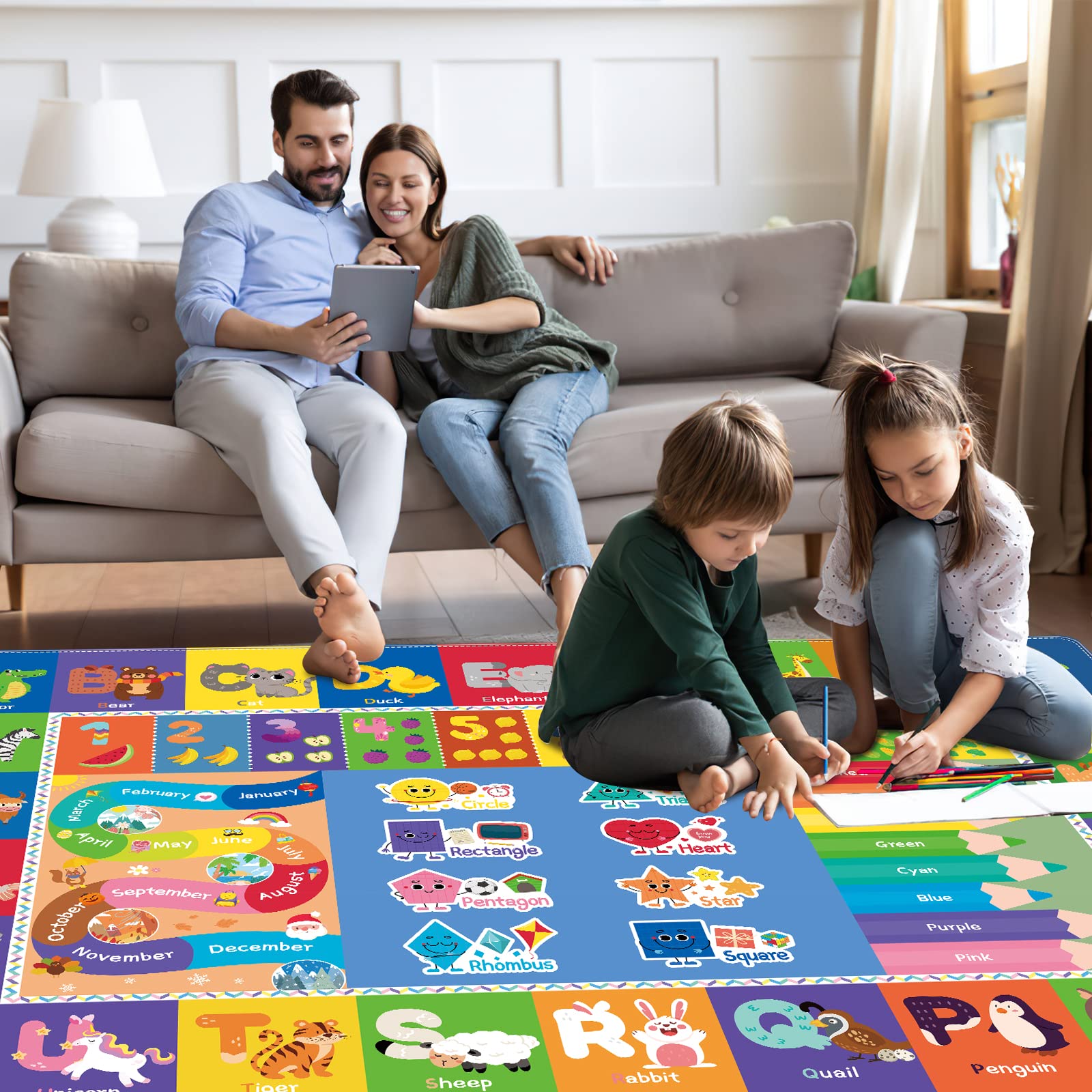 Mhconneaty Kids Play Mat Kids Rug for Playroom, 59x39.4 Inches Floor Mat for Baby Play Mat Playtime Collection ABC, Numbers, Animals, Month, Season Educational Area Rug for Kids Room Classroom