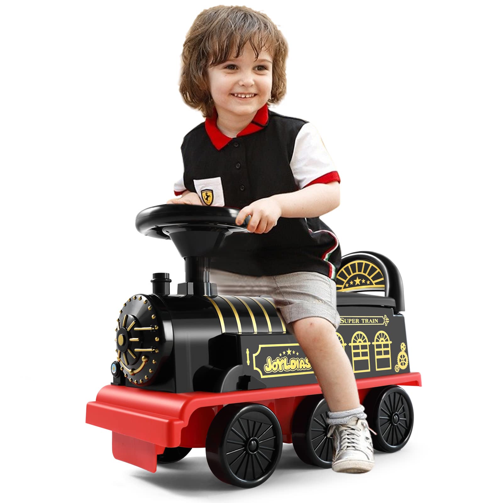 JOYLDIAS Toddler Ride On Train, Push Cars for Toddlers with Led Lights, Train Horns and Storage, Black (Non-Electric Version)