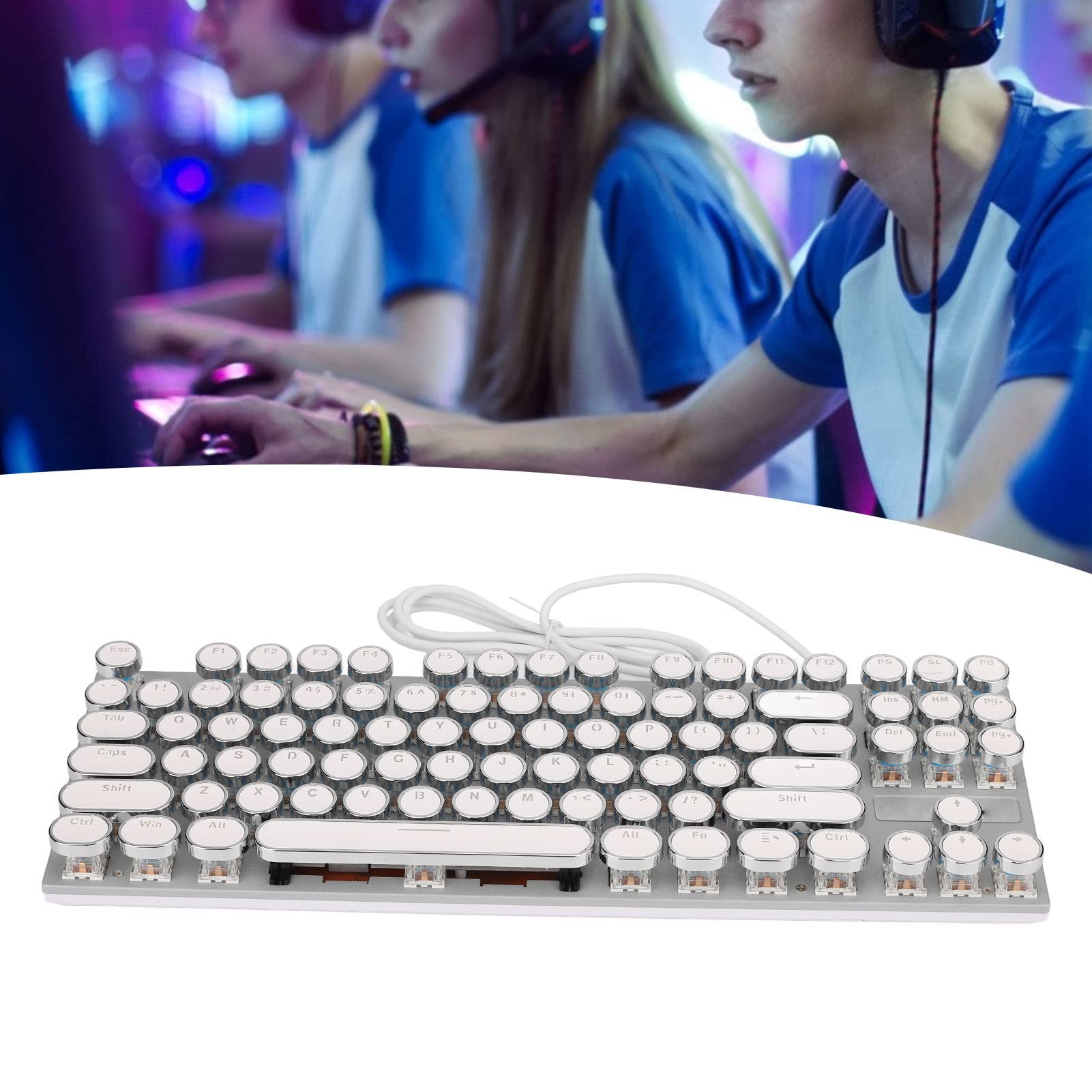 Mechanical Gaming Keyboard, 26 RGB Gaming Keyboard, 87 Keys Color Light Blue Switch USB Wired Keyboard, Waterproof Color Matching for PC(White Electroplating Punk)