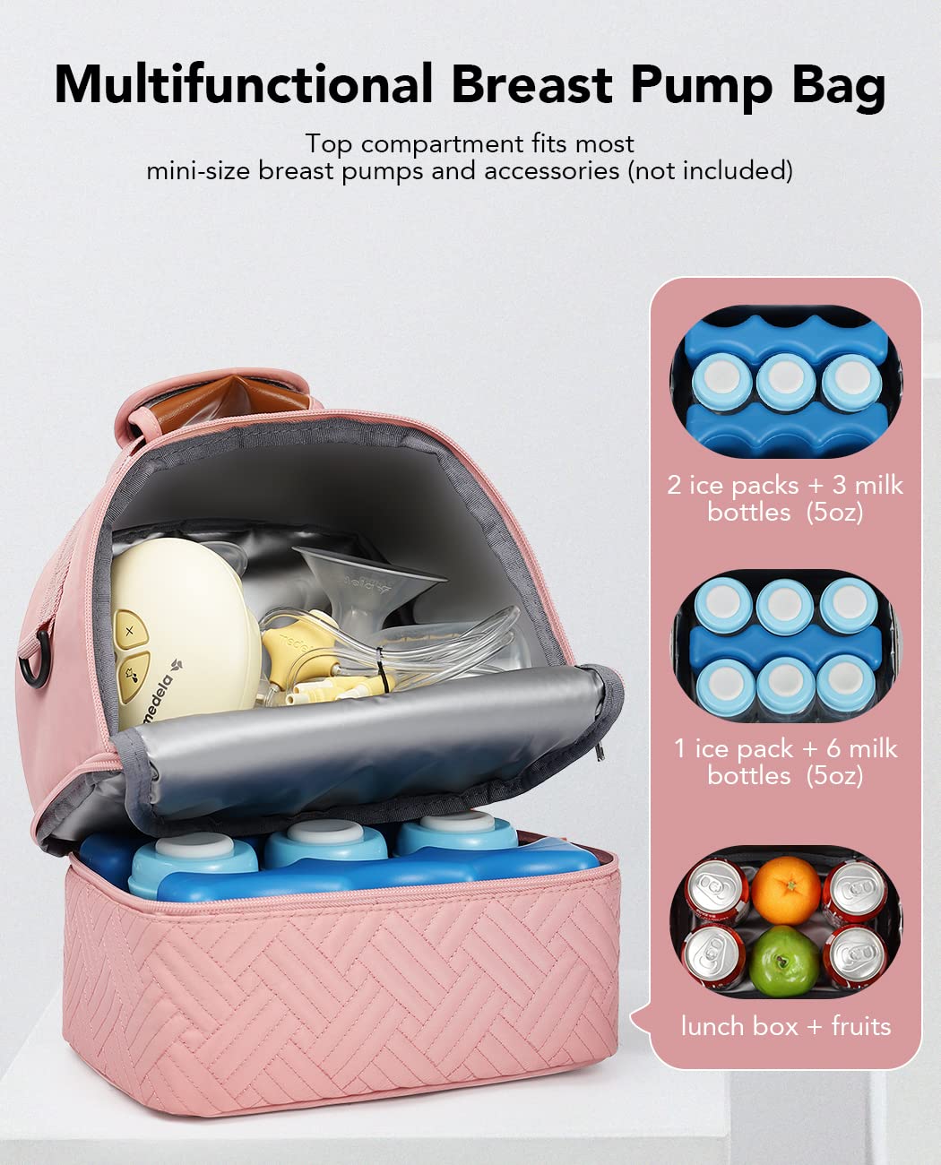 Lekereise Pumping Bag with 2 Ice Pack, Mini Double Layer Breast Pump Bag Backpack with Cooler Pocket for Working Moms, Pink