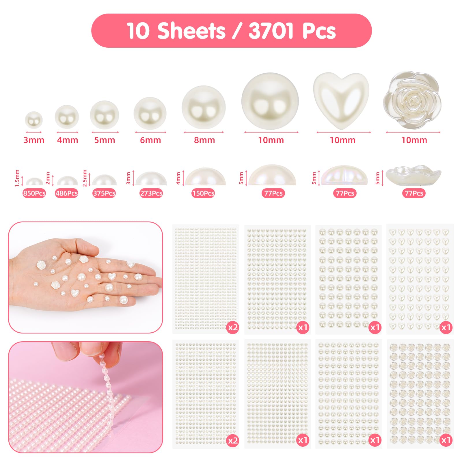 MYDBUYSOME 3701PCS Pearl Stickers Pearls for Crafting - Self Adhesive Pearls for Hair Face Makeup Eye Nail Crafts, Stick On Gems (White, Assorted Sizes)