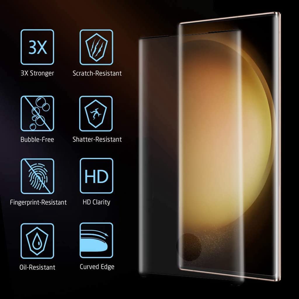 Micger Galaxy S23 Ultra Screen Protector 【2+2 Pack】2 Pack Tempered Glass Camera Lens Protector, Compatible Fingerprint, Easy Installation, 3D Glass Full Coverage 9H Hardness Tempered Glass Screen Protector for Samsung Galaxy S23 Ultra 5G