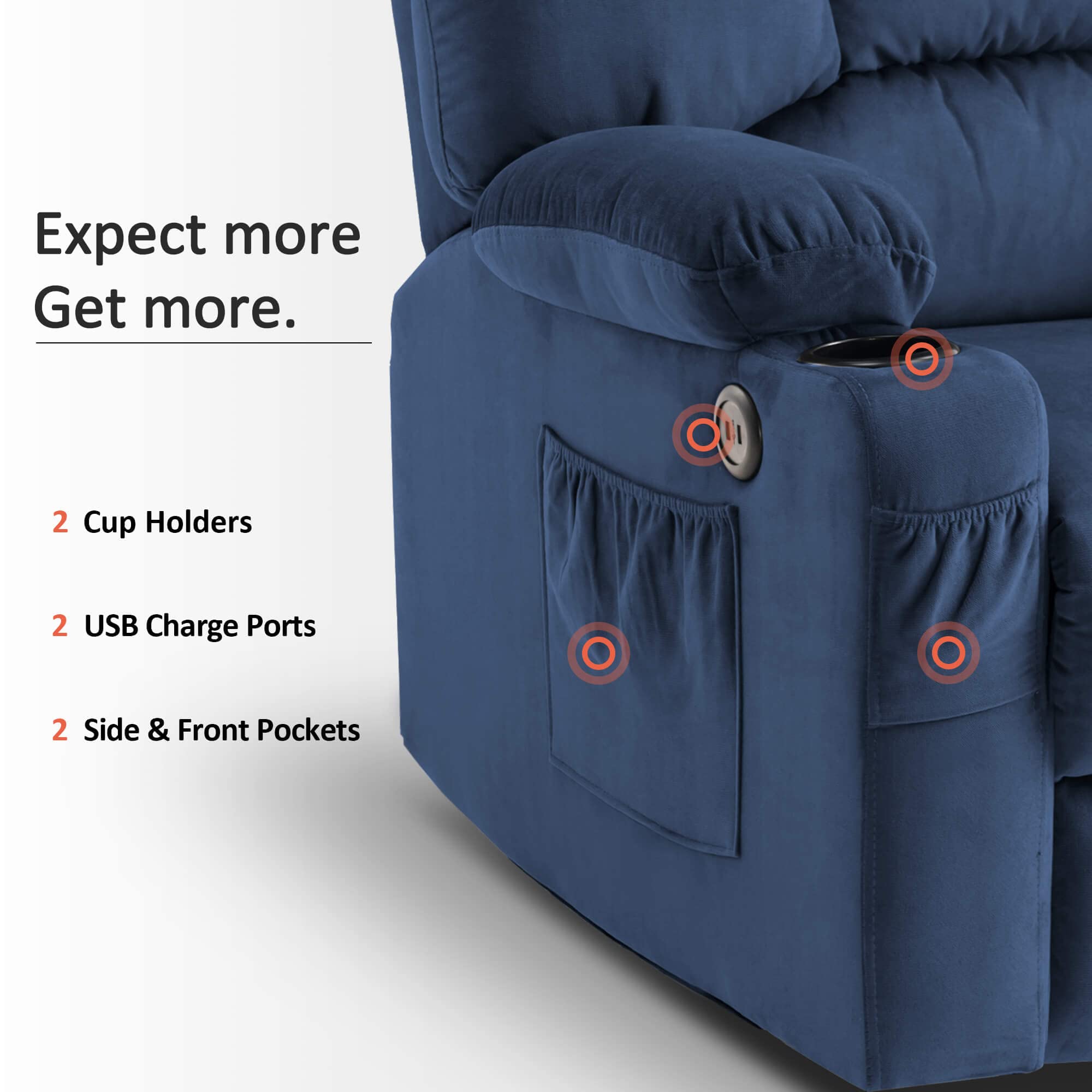 MCombo Manual Swivel Glider Rocker Recliner Chair with Heat and Massage, USB Ports, Cup Holders and Pockets, Fabric 6381 (Blue)