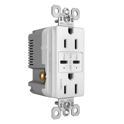 Legrand radiant R26USBPDW 15 Amp Tamper-Resistant Decorator Duplex Receptacle Outlet with Ultra Fast USB C/C 6.0A Charging Ports PLUS 30W Power Delivery, White (1 Count)