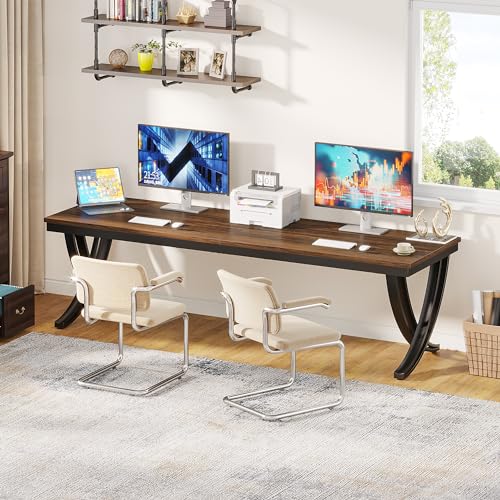 LITTLE TREE 2 Person Computer Desk, 78.7-Inch Extra Long Executive Desk, Large Office Desk for Two People, Wooden Double Writing Desk Study Table for Home Office, Black and Rustic Brown