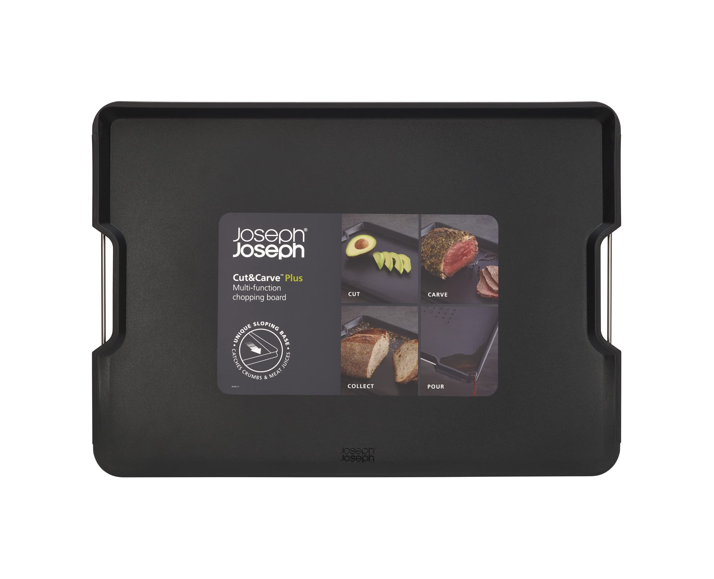 Joseph Joseph Cut&Carve Plus - Non-Slip, Multi-Function, Double-Sided Cutting Board for Food Preparation and Carving- Dishwasher Safe, Large β Black