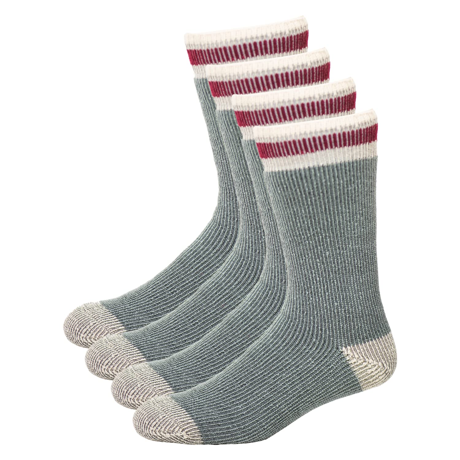 Kodiak Men's Heat Plus Thermal Crew Camp Ski Socks with Thick Brushed Cushioning, 2 Pairs, Size 7-12, Grey Red