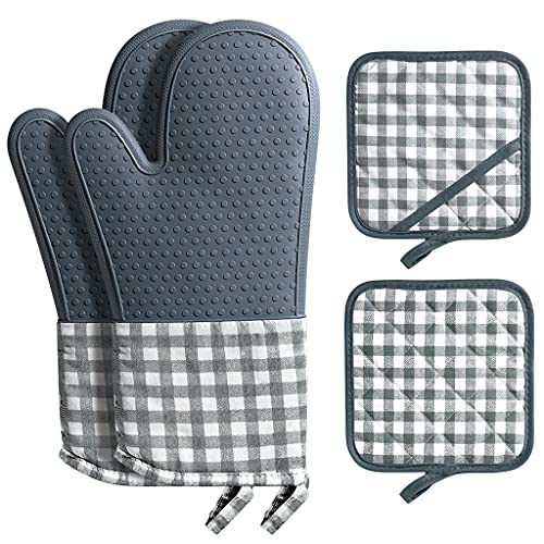 HMHP, Silicone Oven Mitts and Pot Holders 4pcs Sets Kitchen Oven Gloves High Heat Resistant Long Non-Slip Oven Mitt with Quilted Liner and Cotton Hot Pads Potholders Kitchen Baking Cooking (Grey)