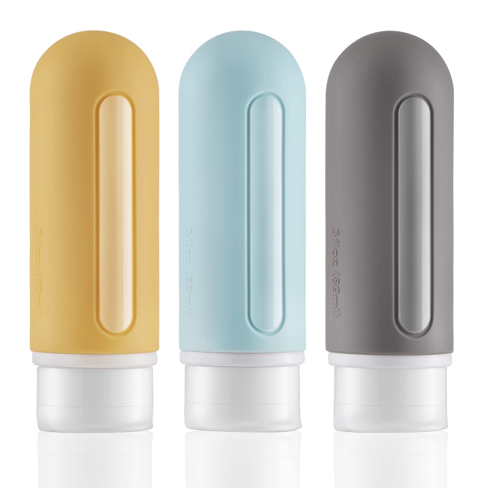 LISAPACK Travel Bottles 3oz, Squeeze Toiletry Container Leak Proof, Travel Size for Shampoo (3 Pack, Grey, Yellow, Blue)
