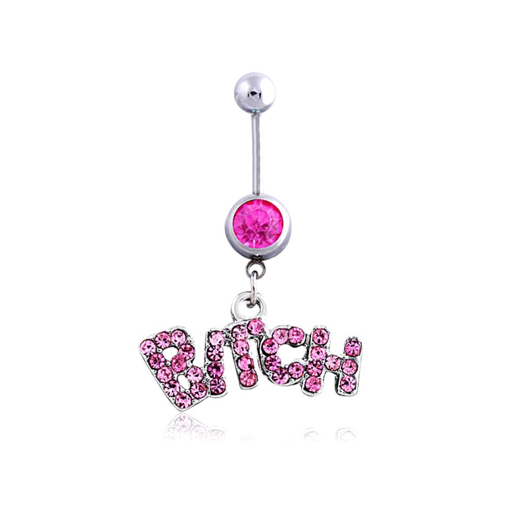HEKEUOR Bitch Gem Belly Ring 316L Surgical Steel Dangle Navel Ring Black Pink (Pink)