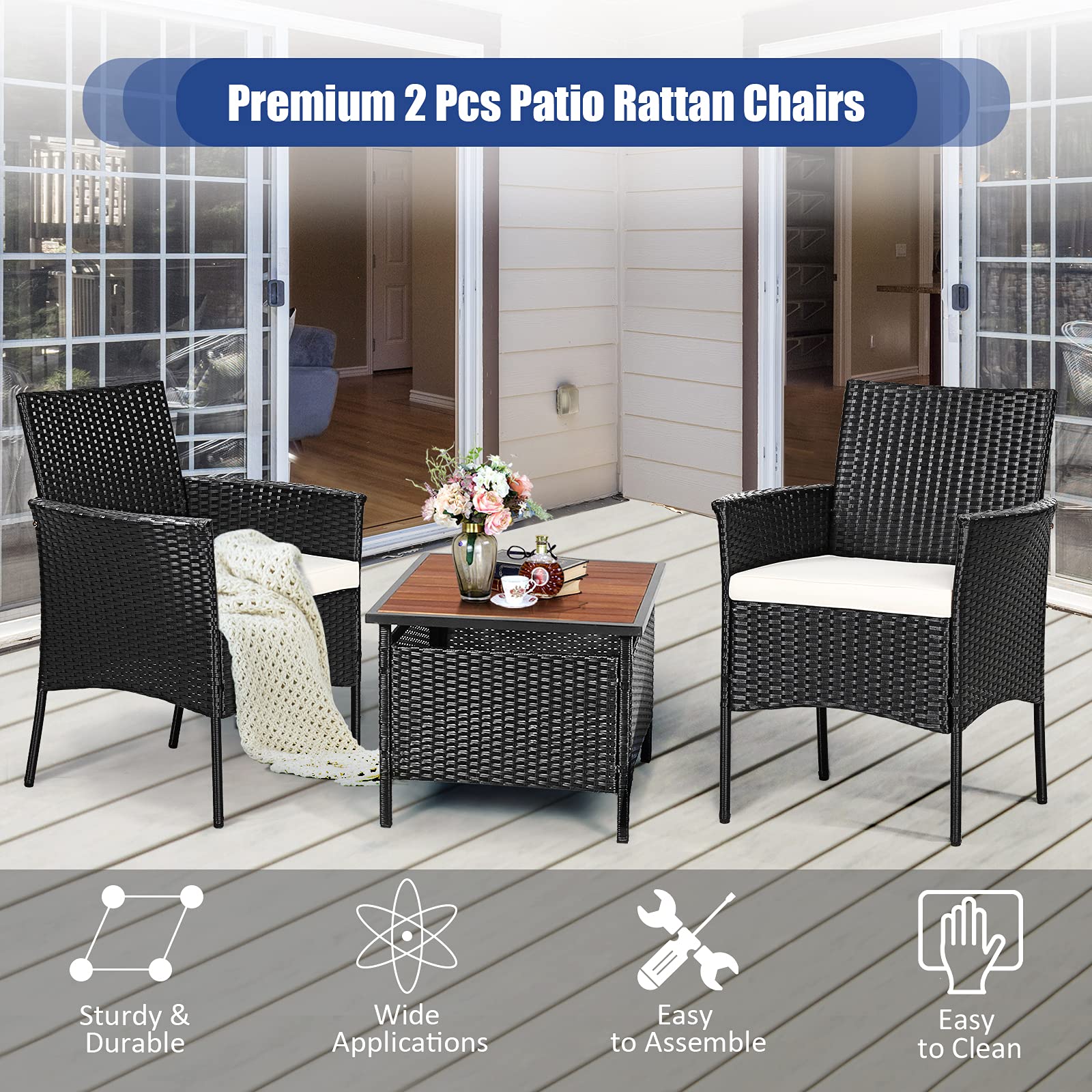 Patio Chairs Set of 2, All Weather Rattan Wicker Dining Chairs with Soft Removable Cushions, Armrest, Outdoor Dining Chairs for Garden, Pool, Backyard, Lawn, Porch, Black