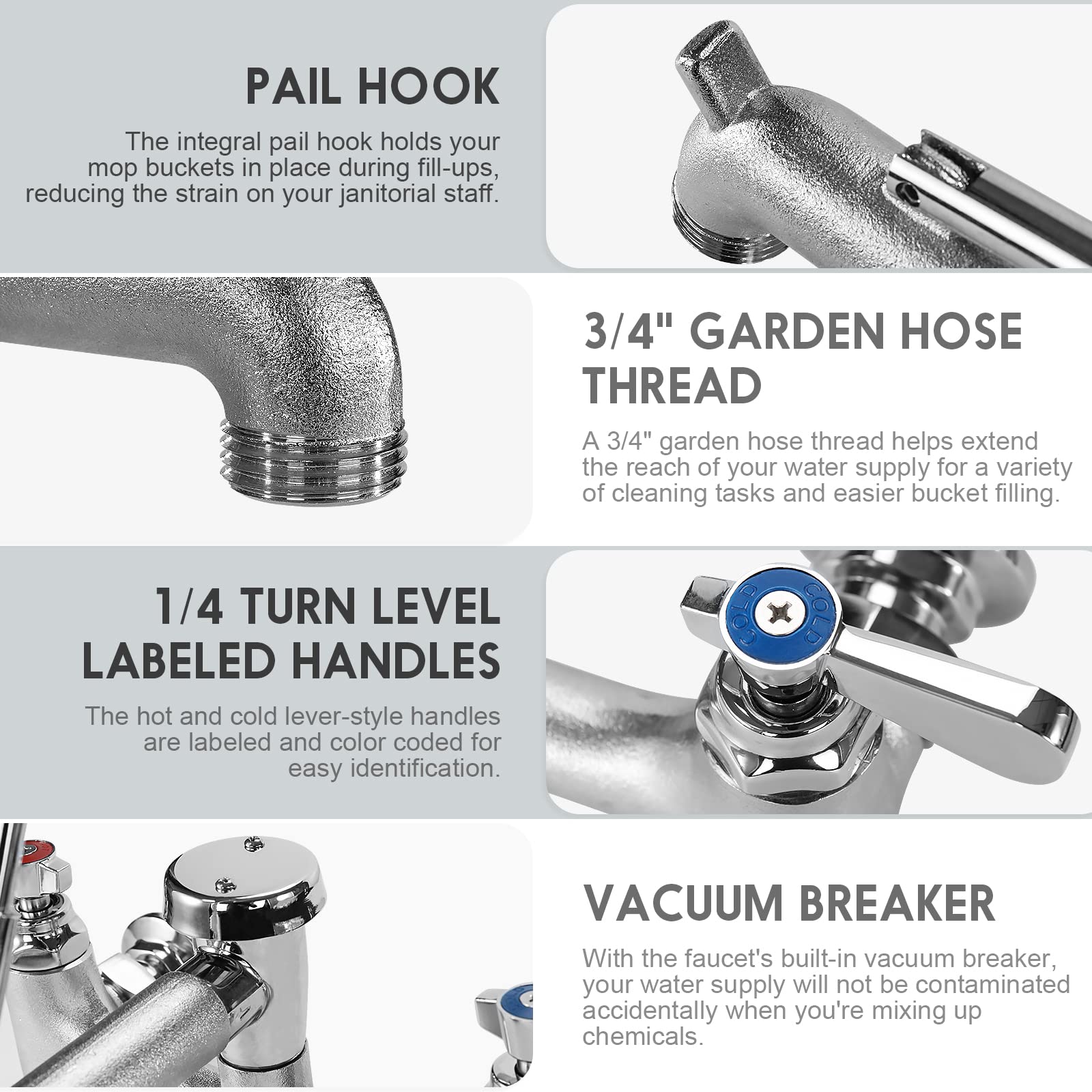 Mop Sink Faucet Service Sink Faucet with Vacuum Breaker, Pail Hook & Garden Hose Thread, 8" Adjustable Center
