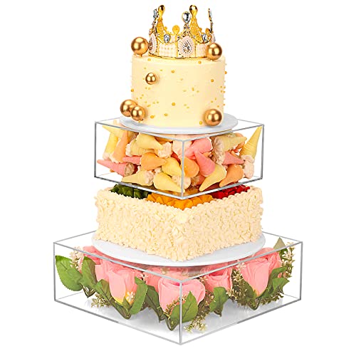 Nynelly Acrylic Cake Stand with Lid, Square Cake Riser Clear Cake Box Stand, Fillable Cube Pedestal Stands for Parties, Decorative Centerpiece for Wedding Birthday Party (2pcs, 8" Dx4”H; 12" Dx4”H)