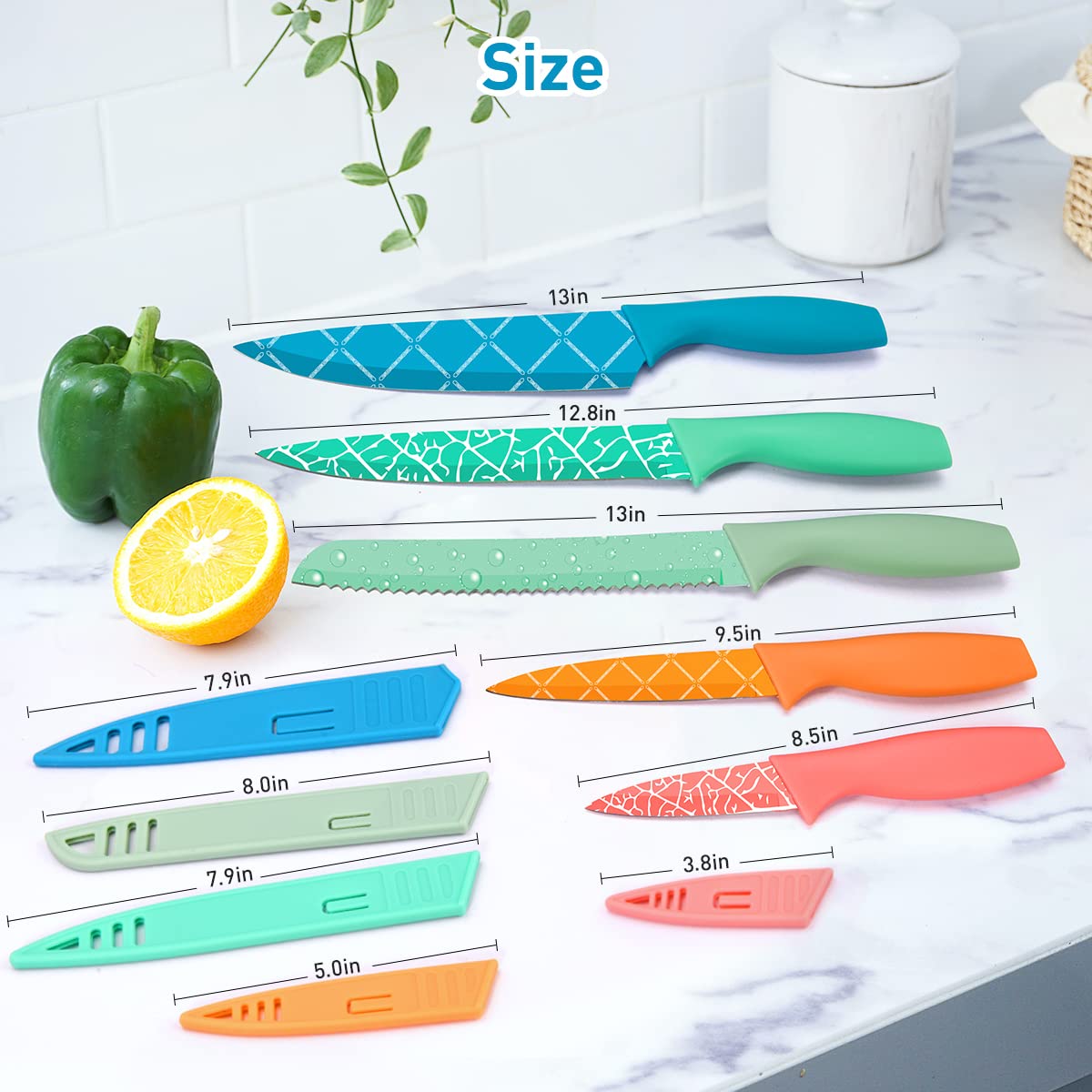 Mosheng Knife Set,5 Piece Colorful Knife Sets with Unique Non Stick Coating Surface,Stainless Steel Knives Set with Covers,Kitchen Knife Box Set,Chef Knife,Santoku Knife,Utility and Paring Knife