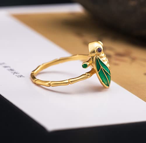 Helen de Lete Colorful Golden Cicada S925 Sterling Silver Adjustable Ring For Men and Women