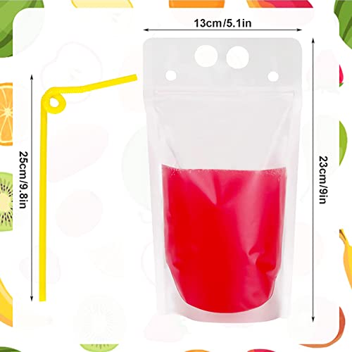 LOMIMOS 50 PCS Stand-Up Plastic Drink Pouches,Reusable Heavy Duty Hand-Held Translucent Reclosable Zipper Drink Bag with 50 Straws for Smoothie Juice Adult Party
