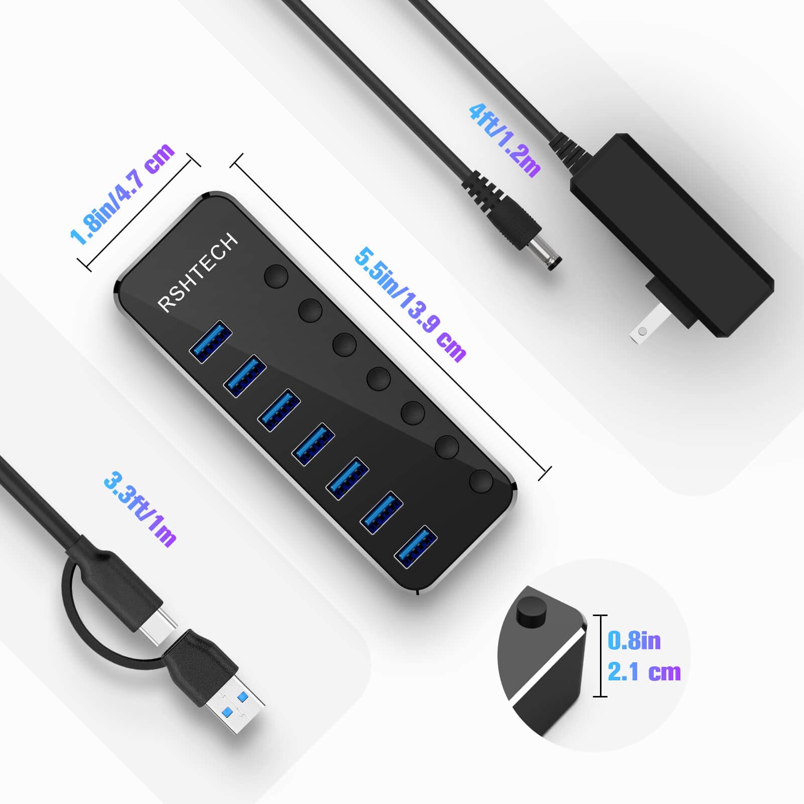 Powered UBS Hub, RSHTECH 7 Port USB 3.0/USB C Hub Upgraded Version Aluminum USB Hub with 2-in-1 USB Cable,5V 3A Power Adapter and Individual Switches, USB Port Expander Hub for Laptop and PC, RSH-ST07