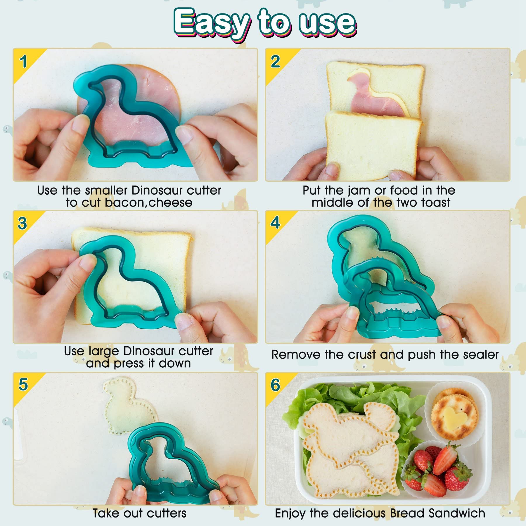KSPOWWIN Sandwich Cutter and Sealer, Uncrustables Sandwich Maker Dinosaur Sandwich Cutters, Decruster Dino Sandwich Cutter for Kids Boys Girls Lunch Bento Box