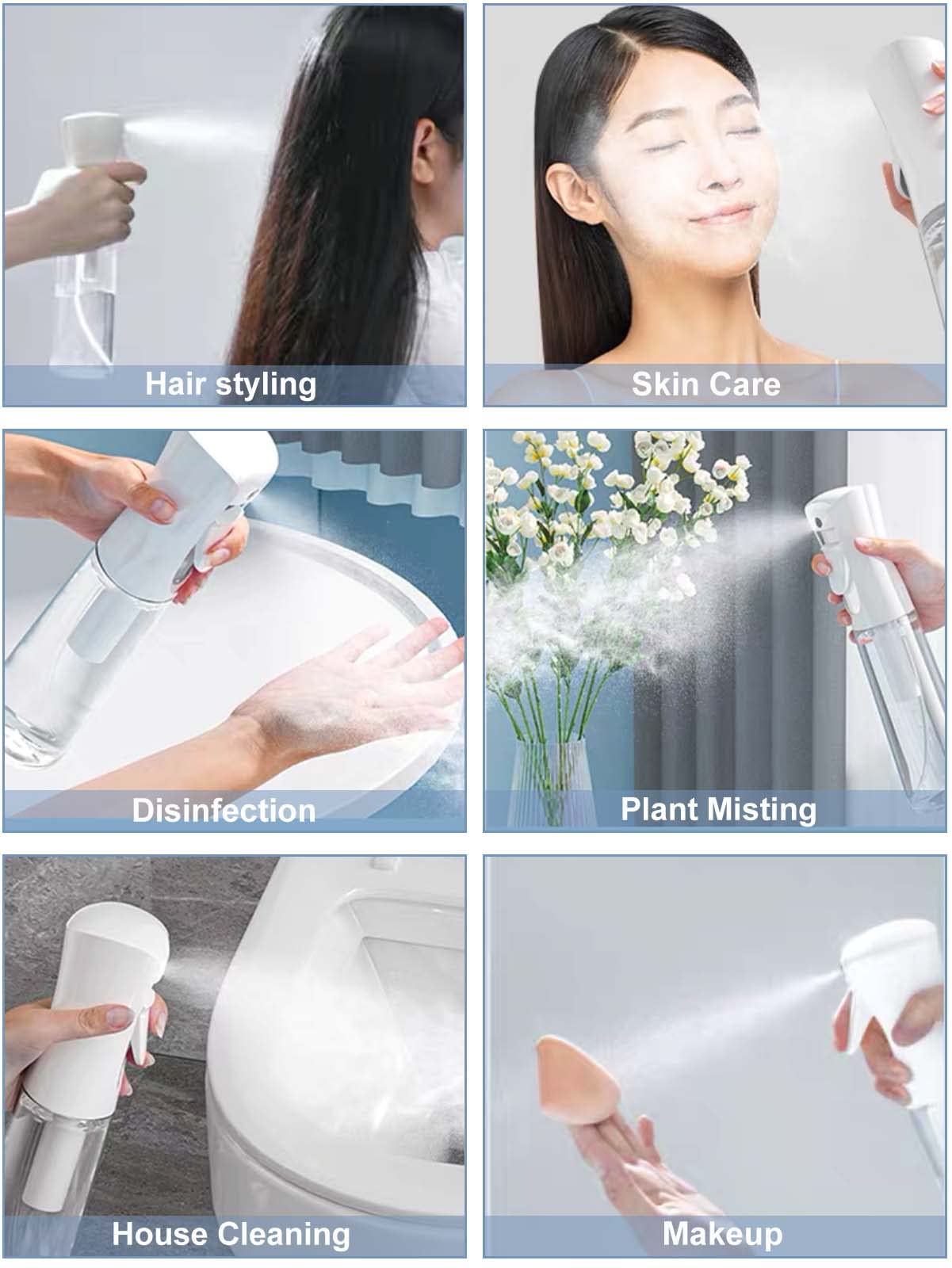 MEACOLIA 4 Pack Continuous Spray Bottles, 10oz/300ml Empty Hair Spray Bottles Fine Mist Sprayer Plant Mister Spray Bottle, Plastic Water Spray Bottle For Hair Styling, Plants, Cleaning, Misting