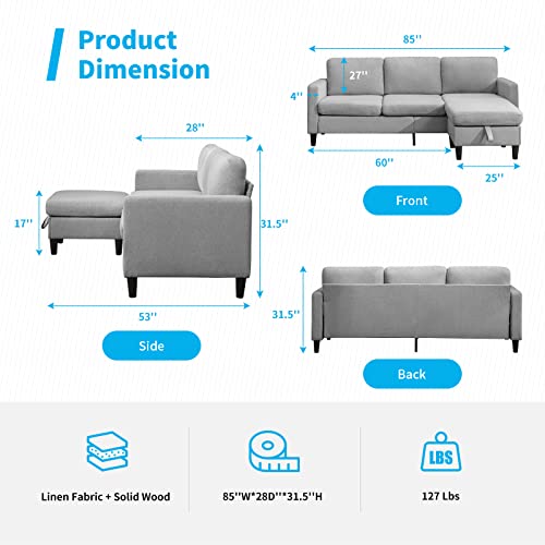 Mjkone Sectional Sofa Bed, Linen Sleeper Couch with Ottoman, Convertible Sleeper Sofa, Couches for Living Room, Chaise Lounge Indoor, Easy Assembly, Light Grey