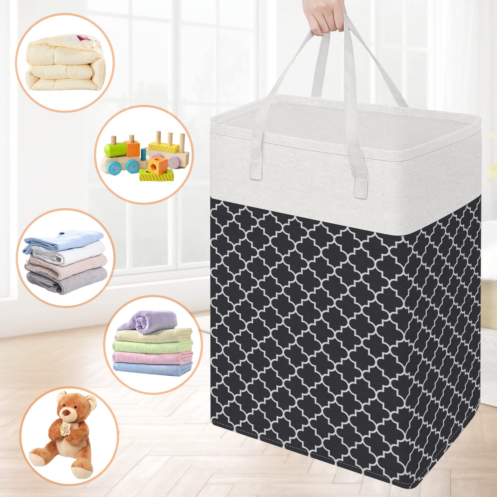 ToteTastic 3-Pack Laundry Basket, Freestanding&Waterproof Laundry Hamper, Collapsible Tall Clothes Hamper with Easy Carry Handles for Clothes, Towels&Toys in the Family and Dorm,Clover Black,100L