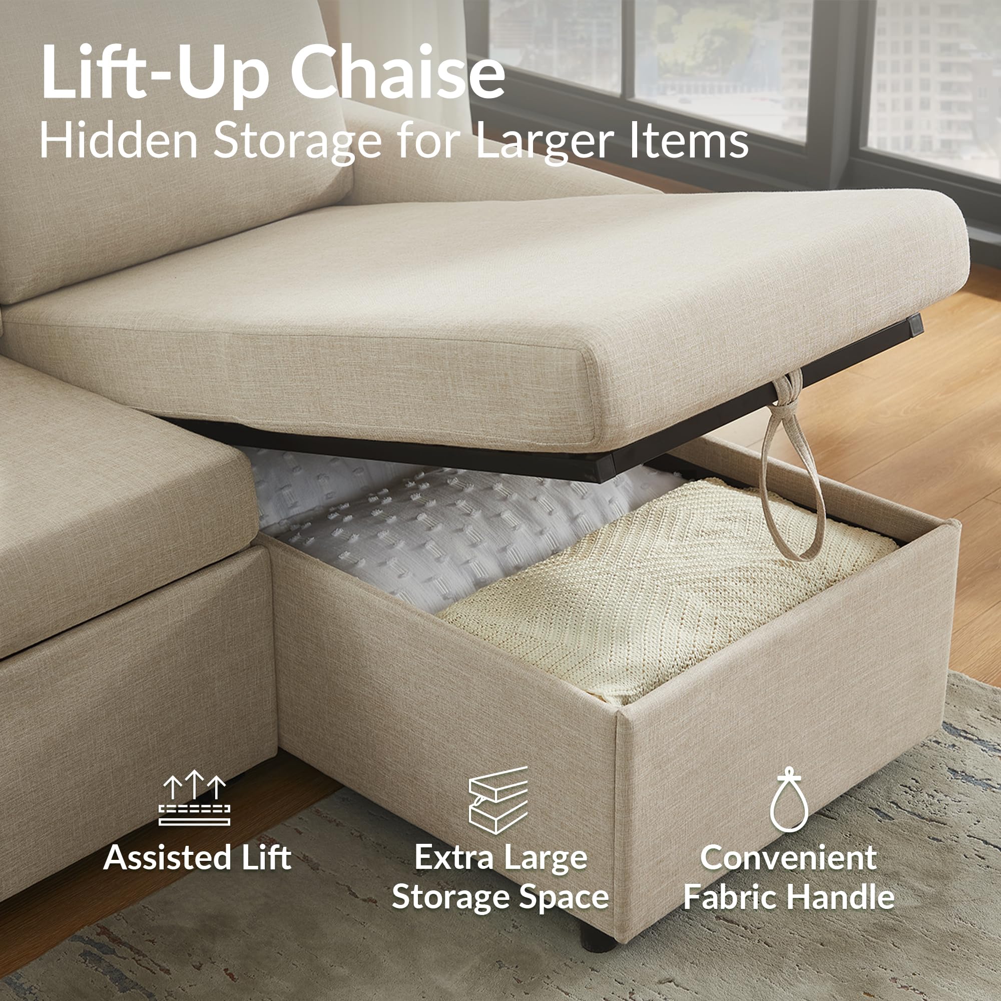 ODIKA L Shaped Convertible Sleeper Sofa Bed, 84" Sectional Couch for Living Room - Dual USB-C Charging, Pull Out Bed, Reversible Chaise with Storage & Pockets, Removable & Washable Beige Linen Covers