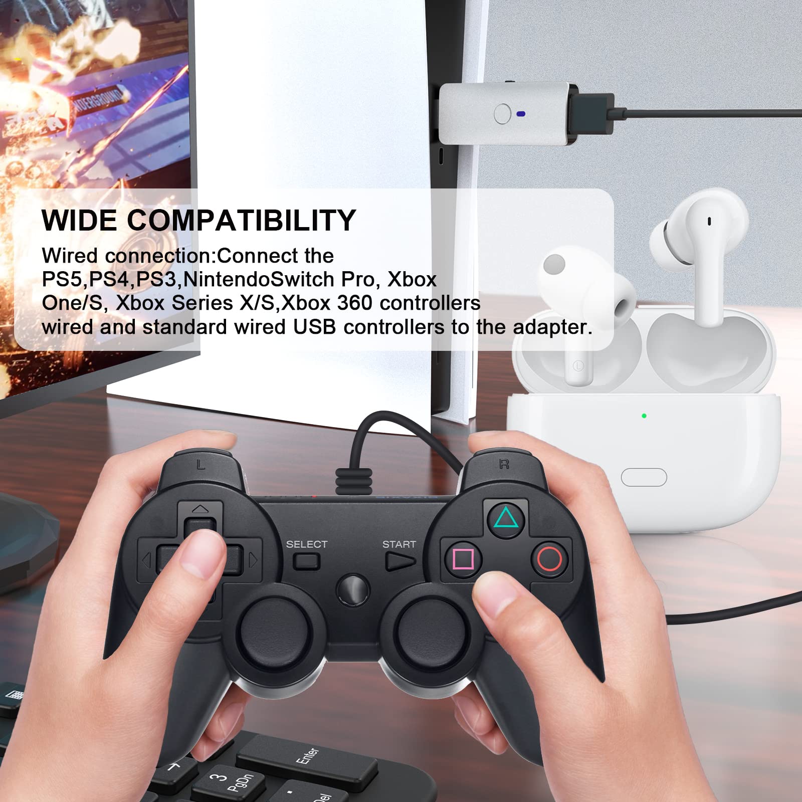JOYTORN Wireless Controller Adapter, USB Coverter for PS5/PS4/Windows/Nintendo Switch/OLED, Comaptible with Xbox Series X/S Controller,PS5/PS4 Controller, Xbox One/S/X/Elite Controller, Switch/Wiiu Pro Controller