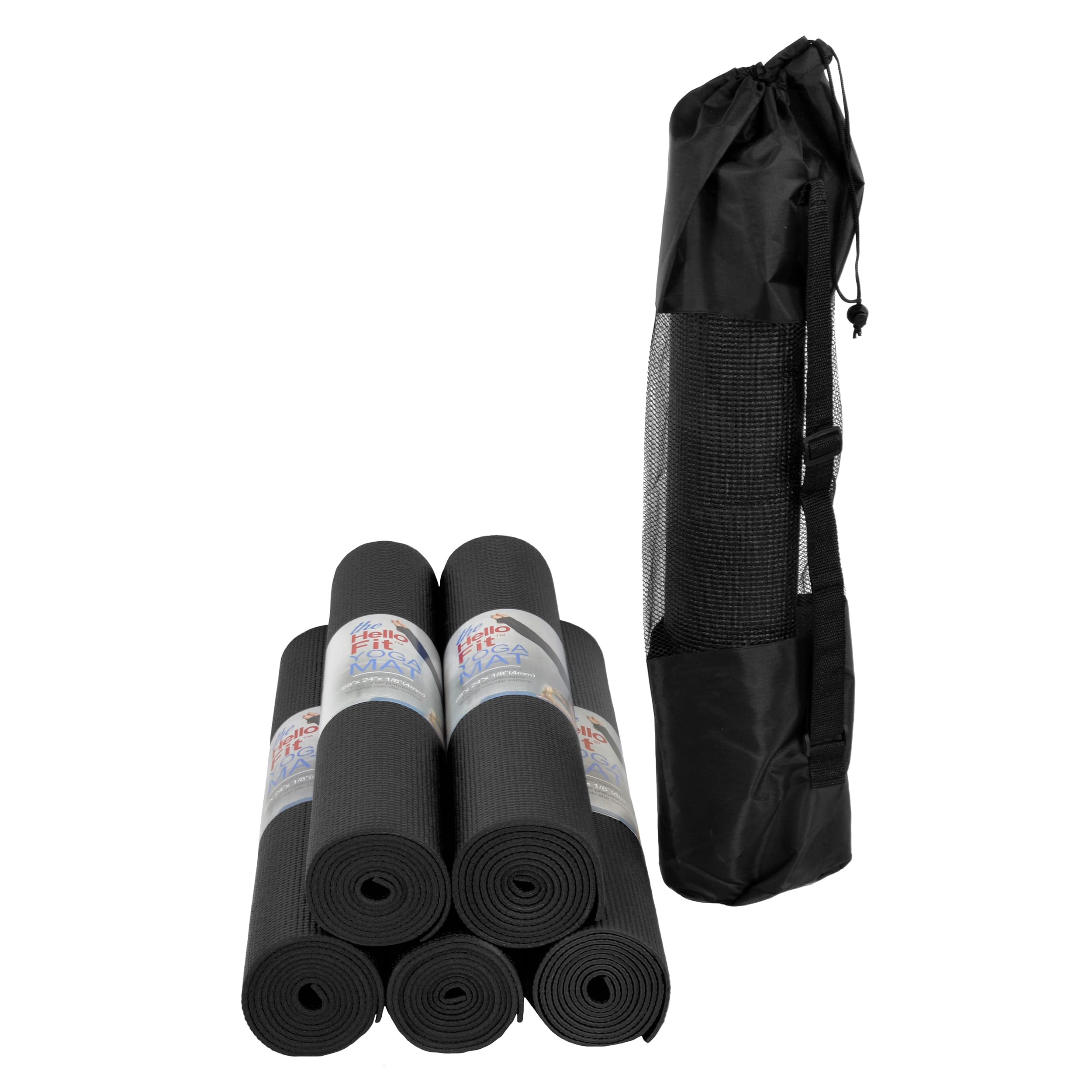 Hello Fit 6-Pack Yoga Mat With Carrying Bags, 68" x 24" Non Slip Exercise Mat, 4mm Thick Gym Mat, Bulk Non Toxic Yoga Mats for Schools and Studios, Black