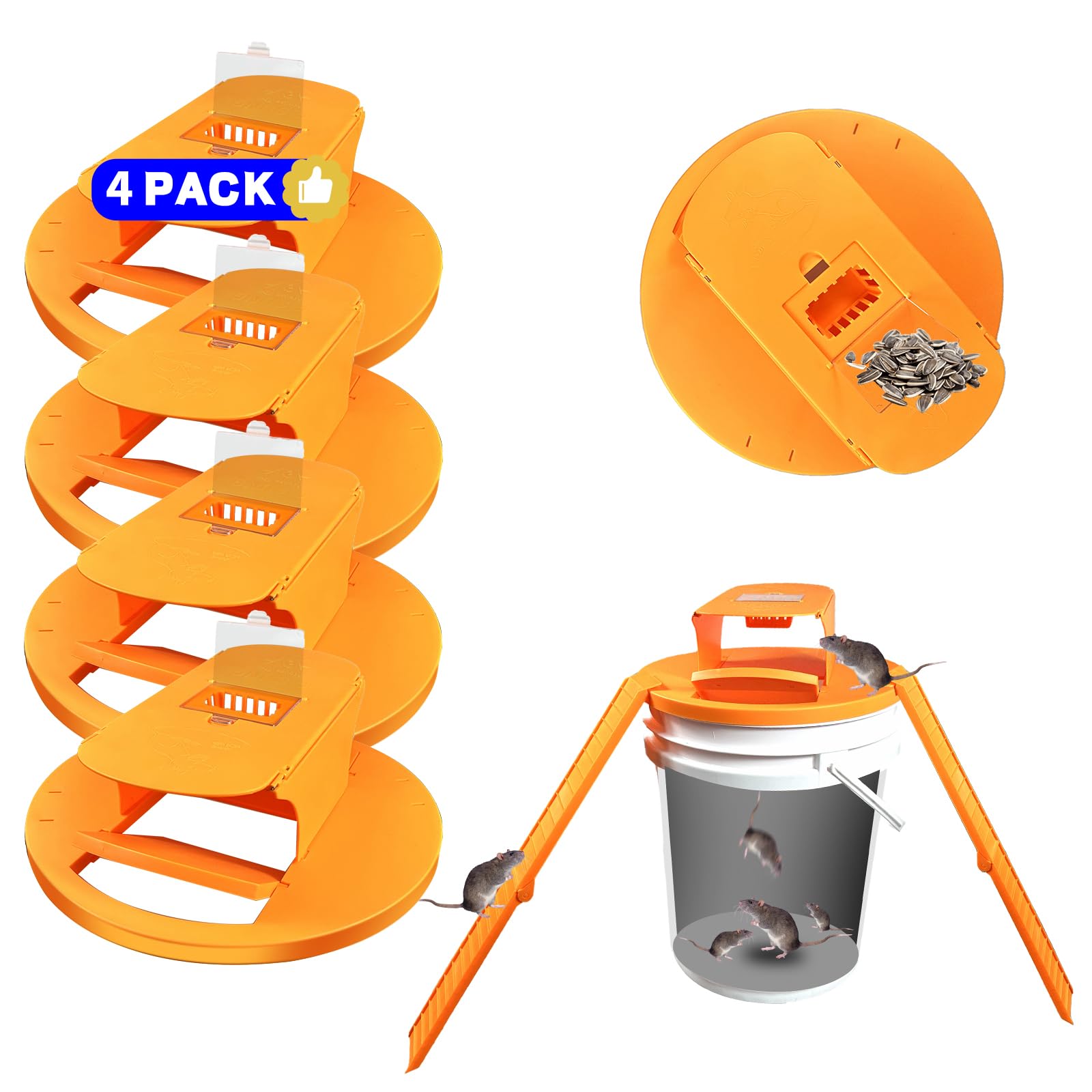 Mouse Traps Indoor for Home, 4 Pack Mouse Trap Bucket Lid with Upgrade Clear Bait Box, 2 Entrances Auto Reset, Efficient Humane Rat Trap for Indoor Outdoor Use, 5 Gallon Bucket Compatible
