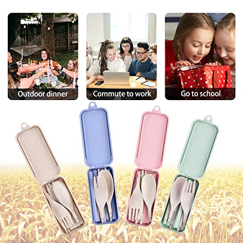 JIABEIUS 4 Sets Collapsible Reusable Utensils Set with Case, Wheat Straw Portable Utensils Include Spoon Knife Forks Chopsticks for Adult Travel Picnic Camping Or Birthday Use