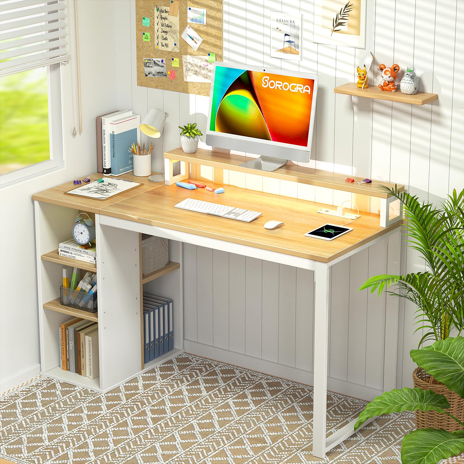 SOROGRA Small Computer Desk with Storage Shelves 39.4 inch Home Office Desk with LED Lights and Power Outlets, Writing Desk with Monitor Stand for Bedroom, Small Space, Oak