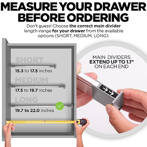 Practical Comfort Drawer Dividers, 18 pcs adjustable drawer dividers set, Made from high strength aluminum, 6 Main expandable drawer divider expand From 19.7" to 22" + 12 Sliding Separators 3.8"