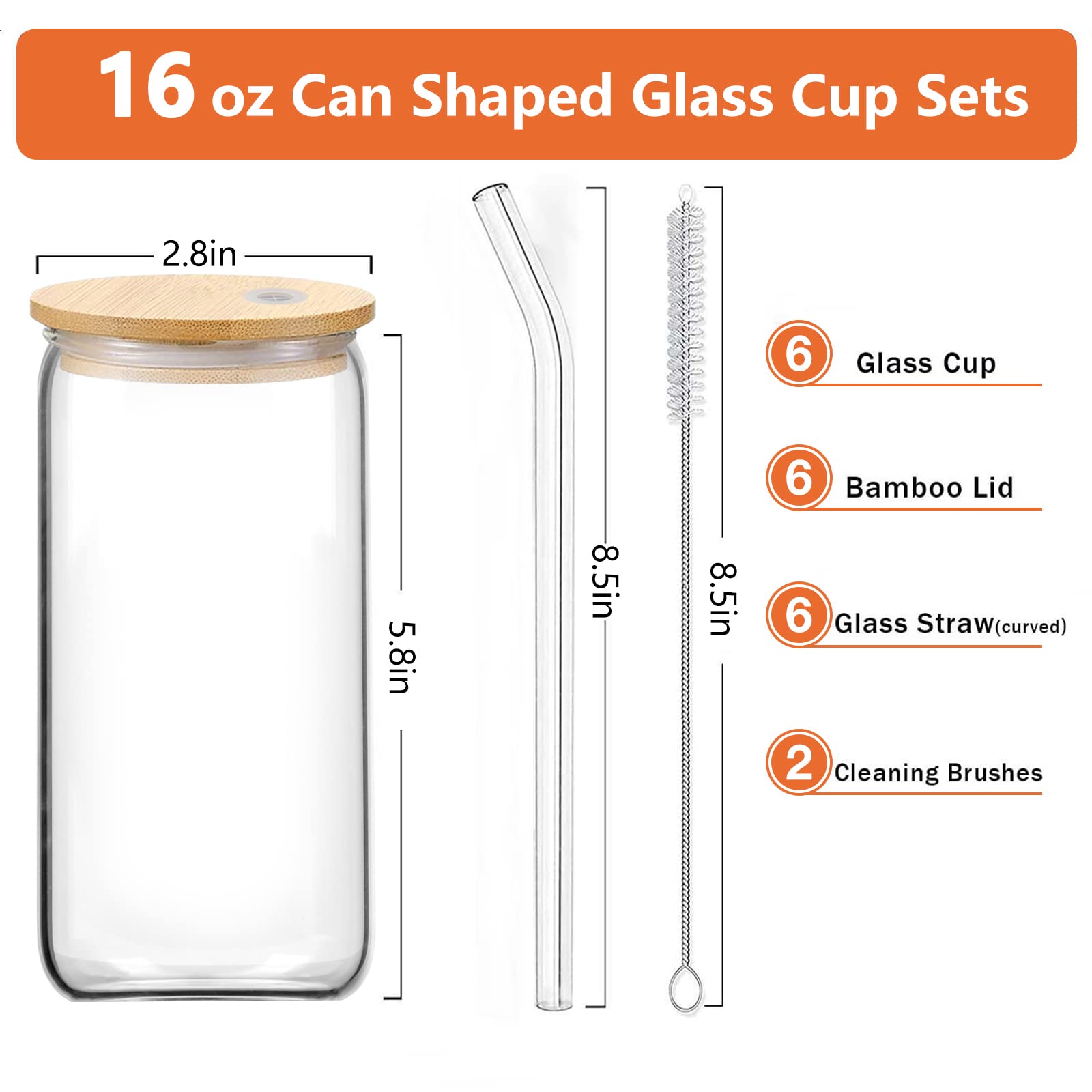 JOYMATE Drinking glasses with Bamboo Lids and Glass Straws 6pcs Set 16oz Can Shaped Glass Cups，Coffee Glasses，Cold Drinks Glasses，Cute Tumbler Cup，Cocktails cups，easy to clean-2 brushes