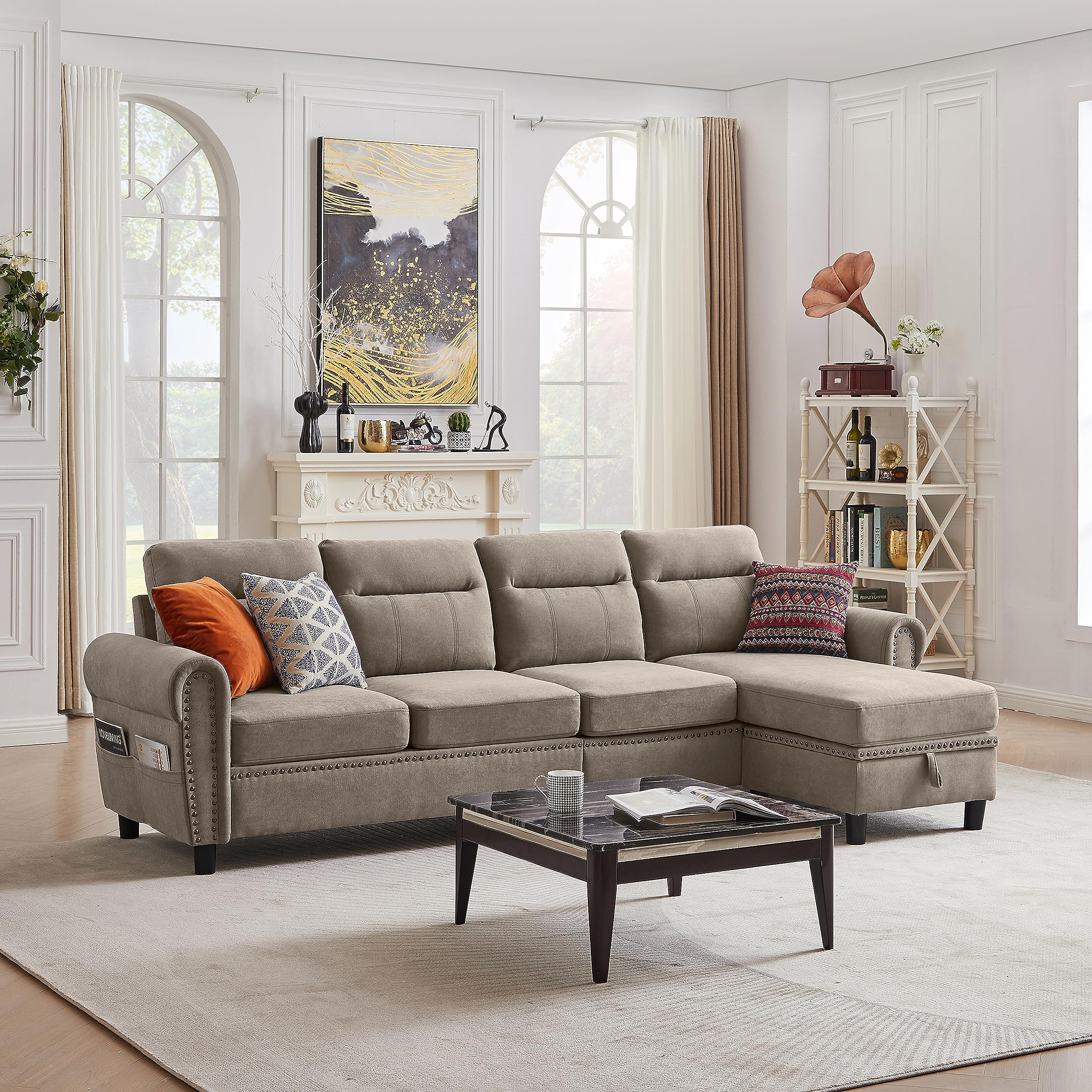 Soscana 112" Convertible Sectional Sofa Couch, 4 Seater L Shaped with Ottoman Reversible Chaise, Modern Microfiber Couches for Living Room, Light Grey