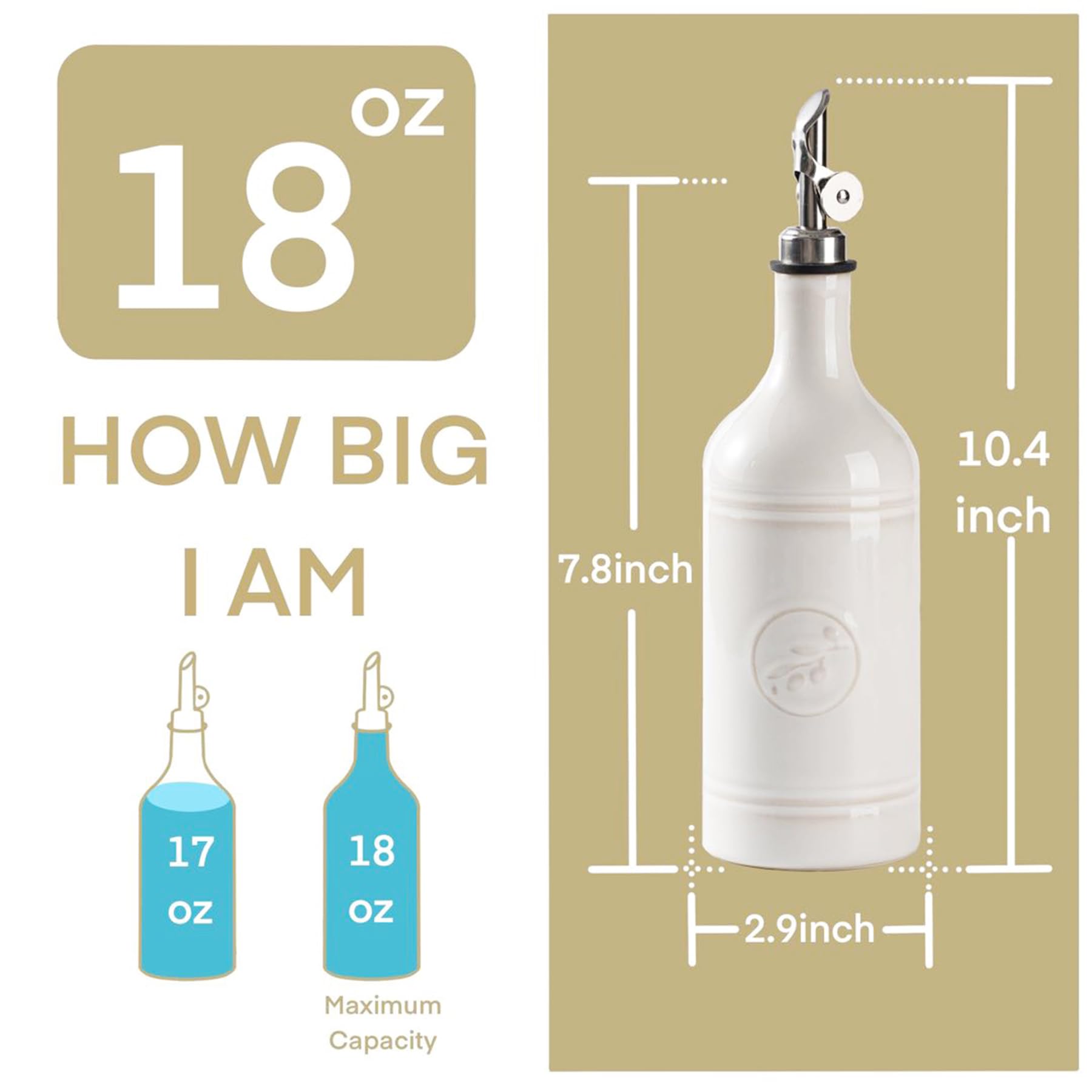 MIKIGEY 18 oz Ceramic Olive Oil Bottle Dispenser for Kitchen, Large Capacity Oli and Vinegar Cruet with Stainless Steel Spout, Oil Container, Pack of 1, Off-White