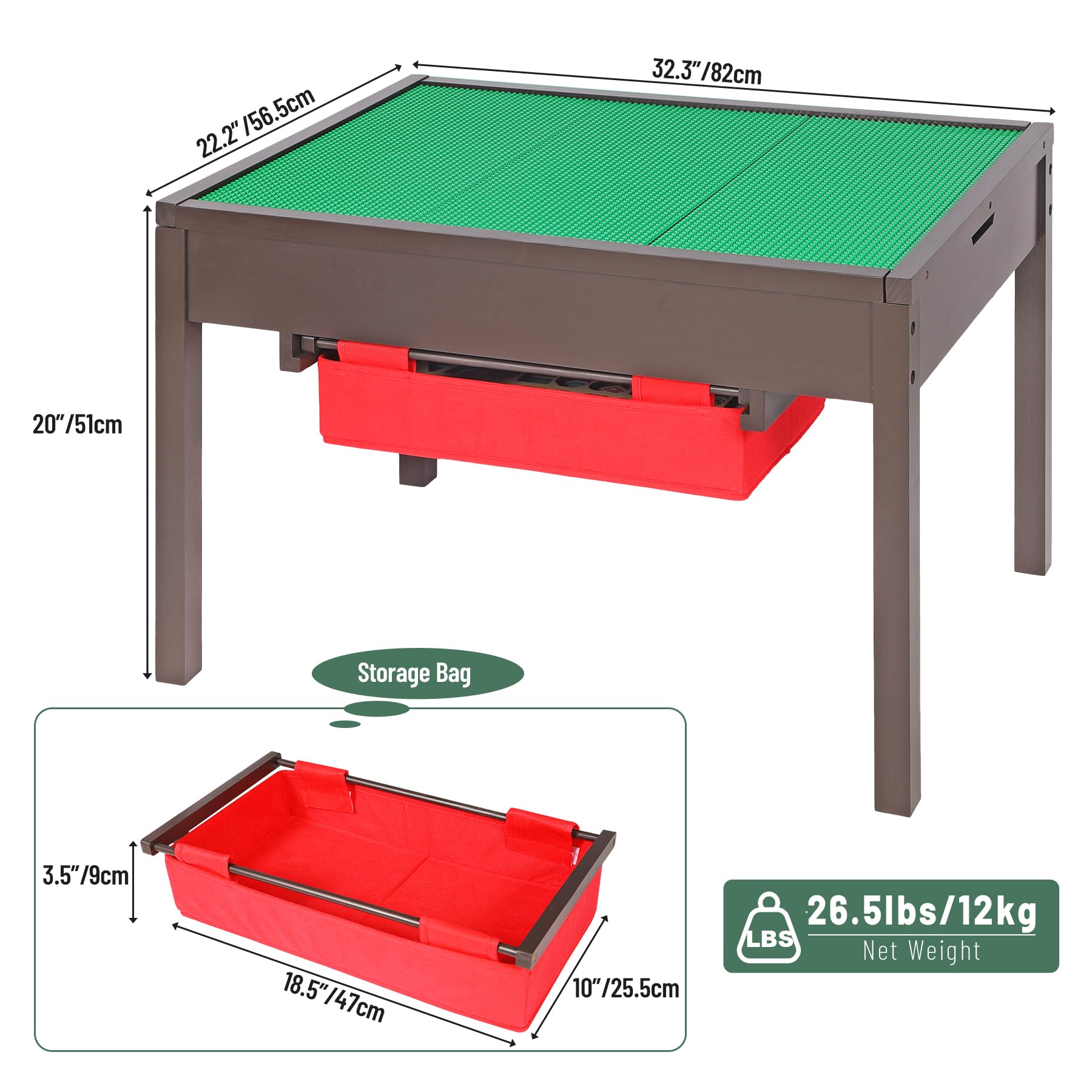 RedSwing 2 in 1 Kids Activity Table with Storage Drawers, Wooden Construction Play Table with Detachable Blocks and Blackboard Tabletop,Compatible with Lego and Duplo Bricks,Grey