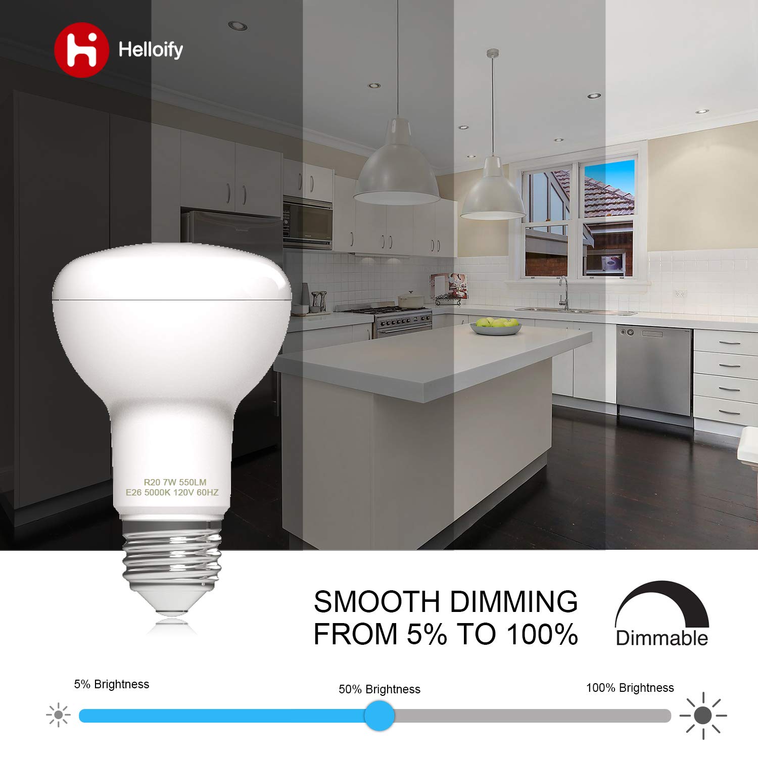 helloify Dimmable R20/BR20 LED Flood Light Bulb, 7W, 50W Equivalent, 5000K Daylight White, 600lm Each, Energy Saving Lamp for Office/Home, E26 Screw Base, 6 Count (Pack of 1)