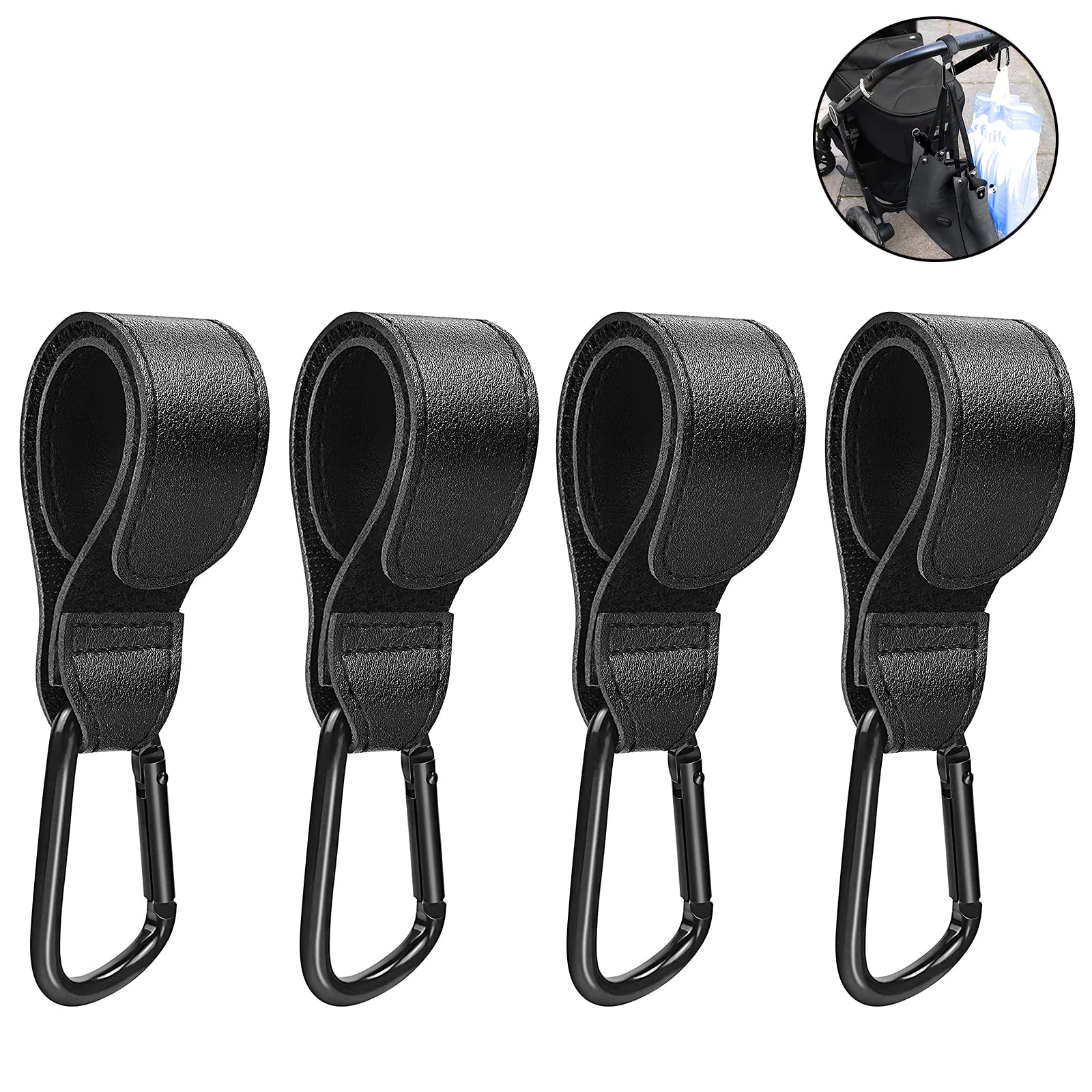Linkidea 4 Pack Kids Stroller Hooks, Vegan Leather Pram Straps, Multipurpose Stroller Clips for Hanging Diaper, Grocery and Shopping Bags(Black)