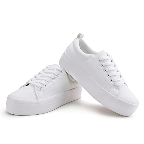 JABASIC Women Lace Up Platform Sneakers Comfortable Casual Fashion Sneaker Walking Shoes (8,White)
