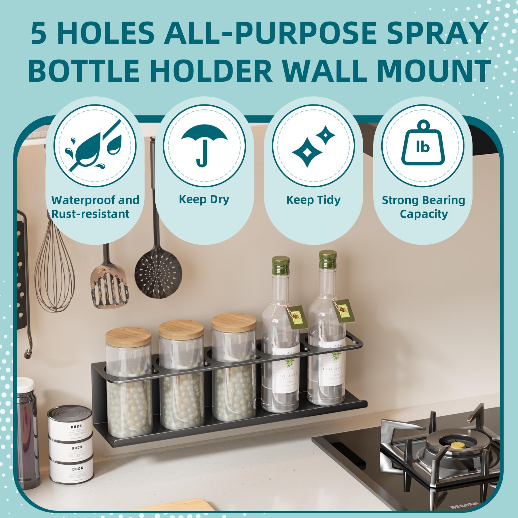 NOORSUMD 2 Pack 5 All-Purpose Spray Bottle Holder Wall Mount | Heavy-Duty Powder Coated Steel Spray Bottle Storage Rack for Garage Home Workspace | Detailing Bottle Holder (Black)
