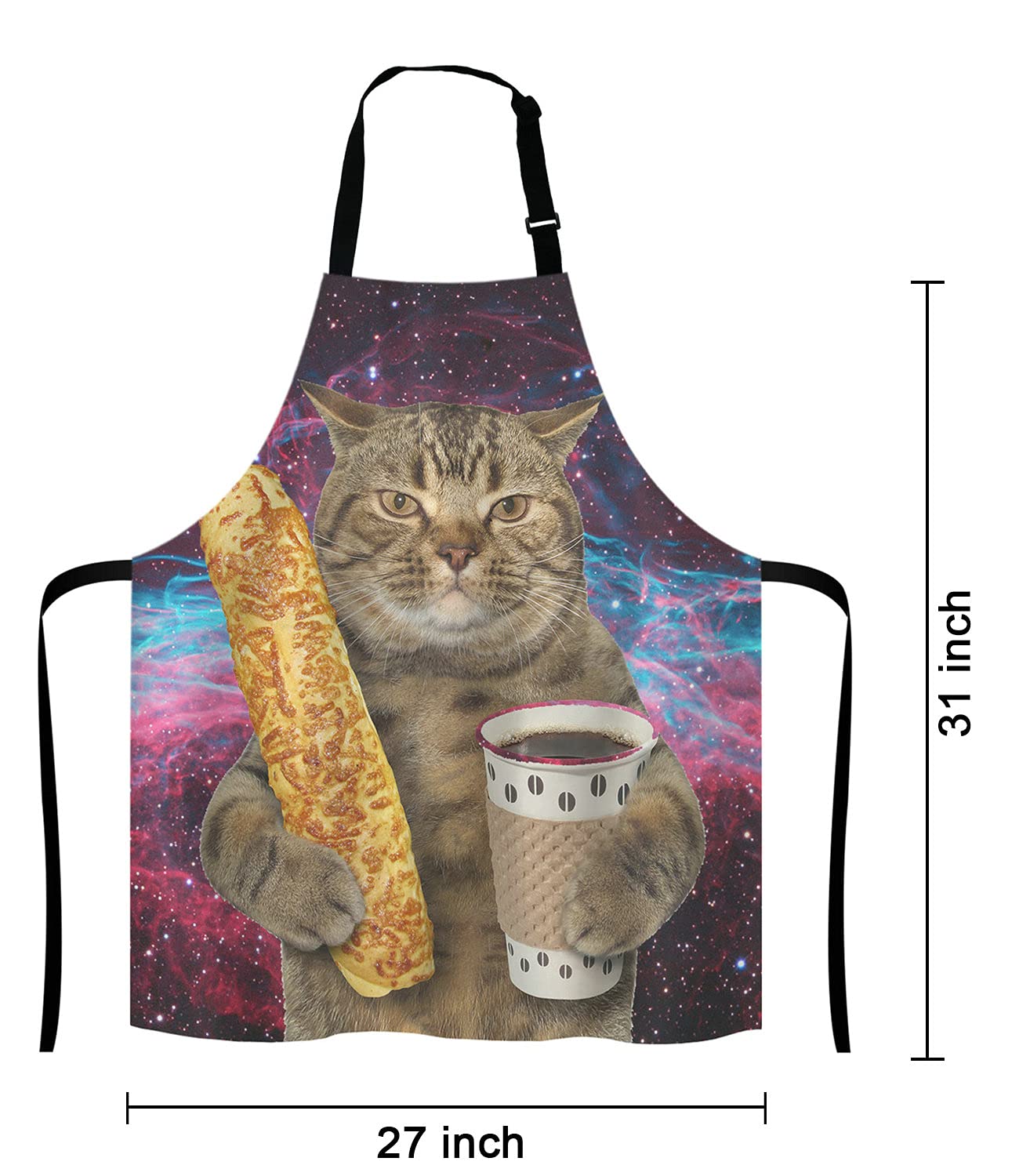 Lefolen Funny Galaxy Cat Adjustable Bib Apron, The cat is holding a cup of black coffee and a baguette Cooking Kitchen Apron for Men Women