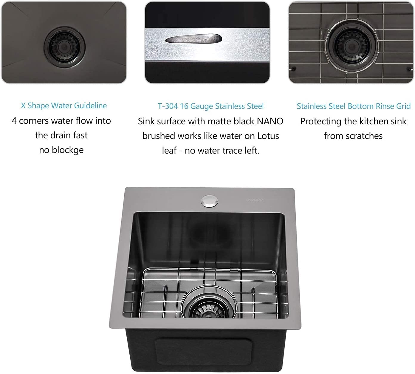 Lordear 15x20 Inch Drop In Bar Sinks Stainless Steel Single Bowl Topmount Kitchen Sink Gunmetal Black 16 Gauge Overmount RV BAR PREP SMALL Kitchen Sinks